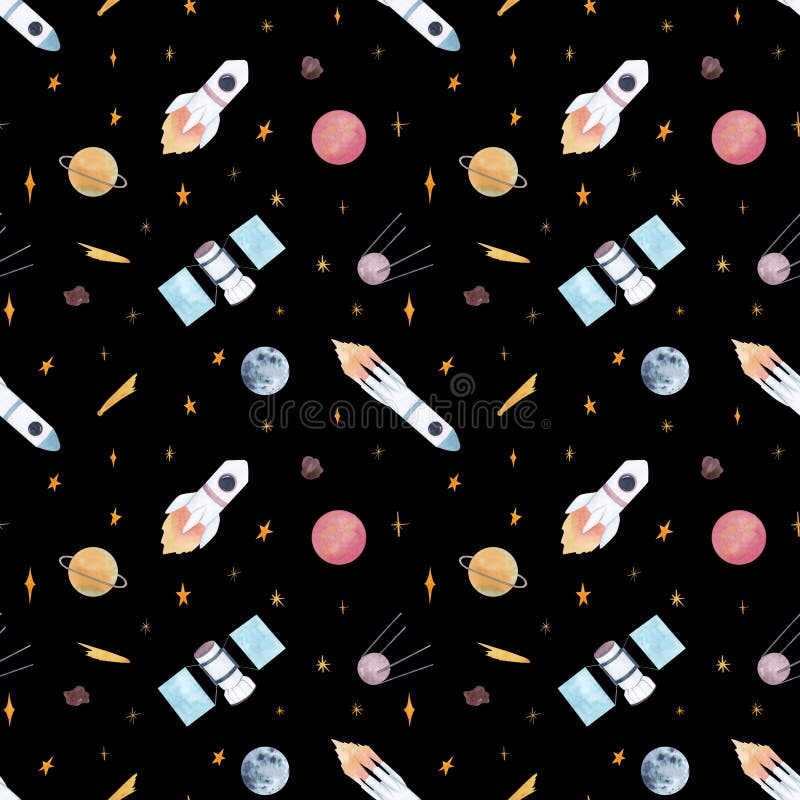 Watercolor Hand Drawn Seamless Pattern with Outer Space Elements Rocket ...