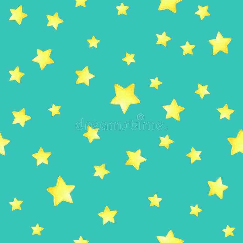 Watercolor Seamless Pattern with Yellow Stars on Light Blue Background ...