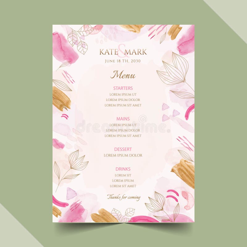 Watercolor Hand Drawn Wedding Menu Vector Design Illustration Stock ...