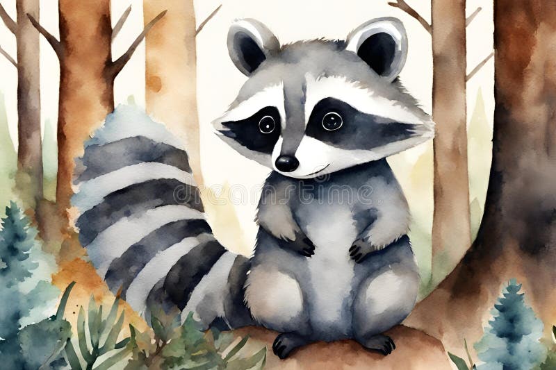 Watercolor Hand Painted Cute Raccoon on the Forest Stock Illustration ...
