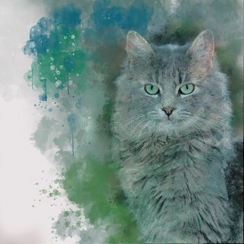 Painting Mixed Grey Fluffy Cat Painting on Card etna.com.pe