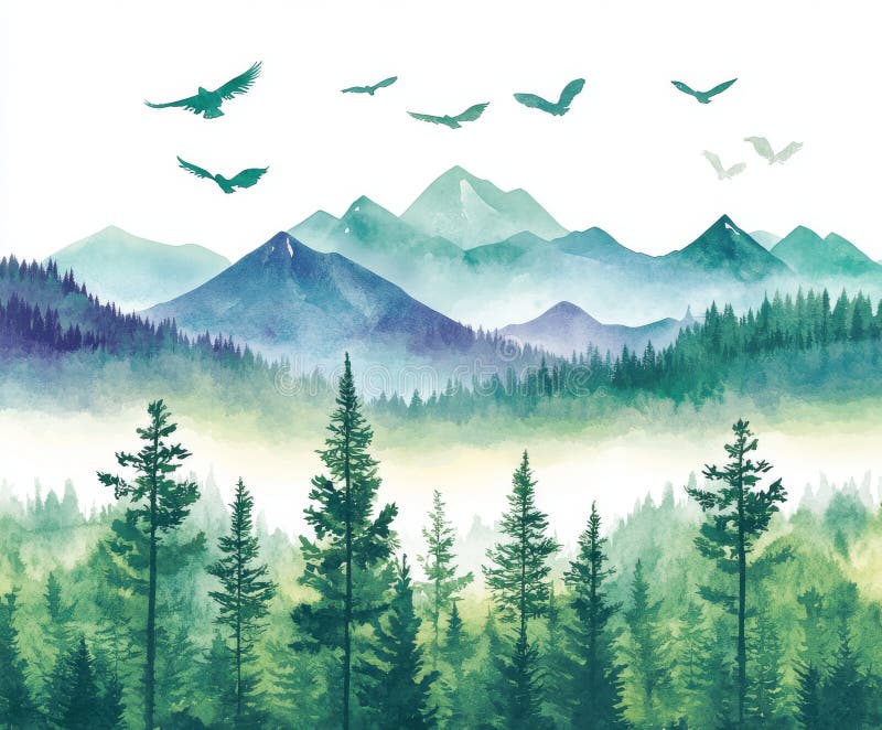 A Watercolor Hand-painted Scene Featuring a Forest, Mountains, and ...