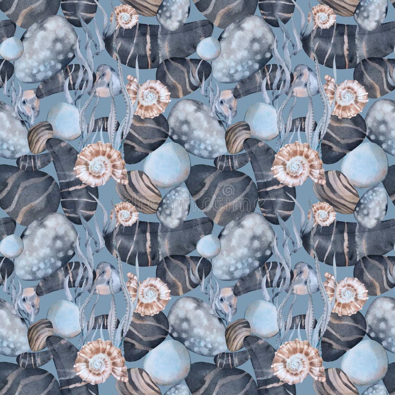 Watercolor Hand Painted Seamless Pattern with Black Pebbles Shells and ...