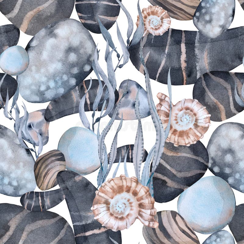 Watercolor Hand Painted Seamless Pattern with Black Pebbles Shells and ...