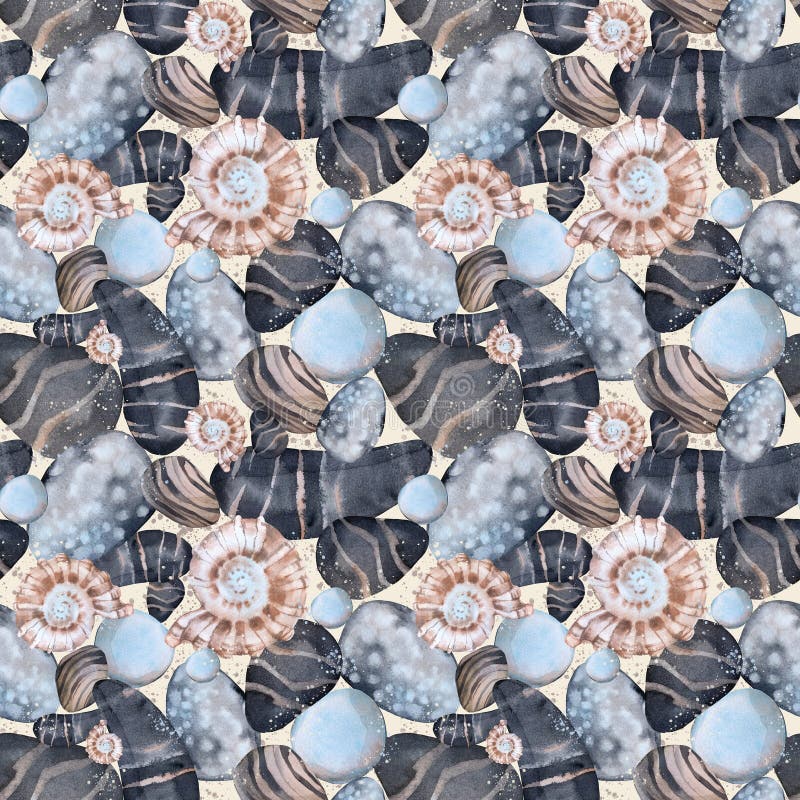 Watercolor Hand Painted Seamless Pattern with Black Pebbles and Shells ...