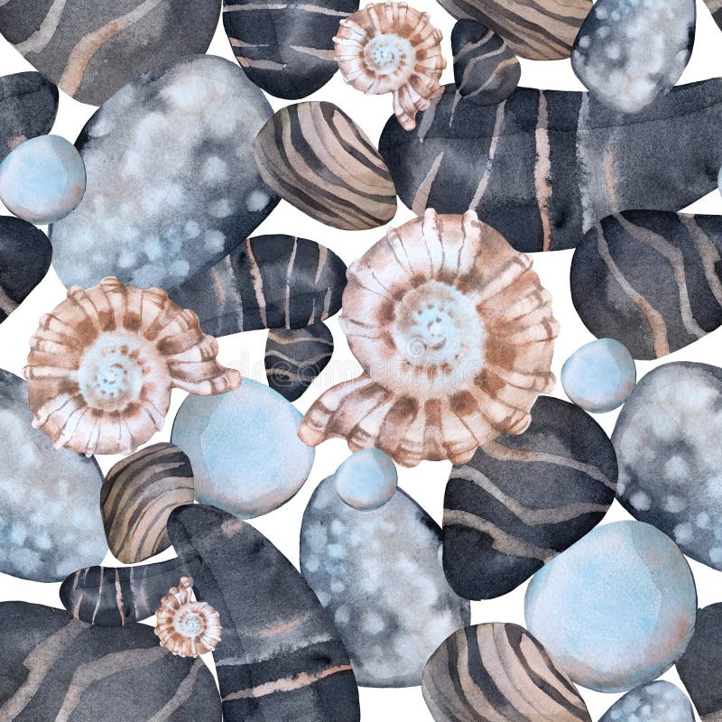Watercolor Hand Painted Seamless Pattern with Black Pebbles and Shells ...