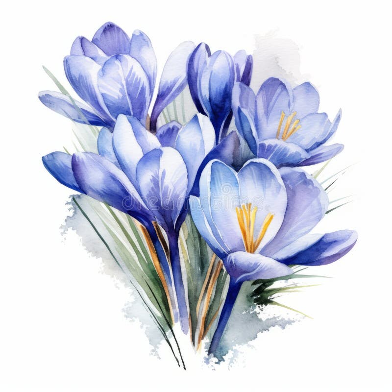 Realistic Watercolor Illustration of Blue Crocuses in Spring Stock ...