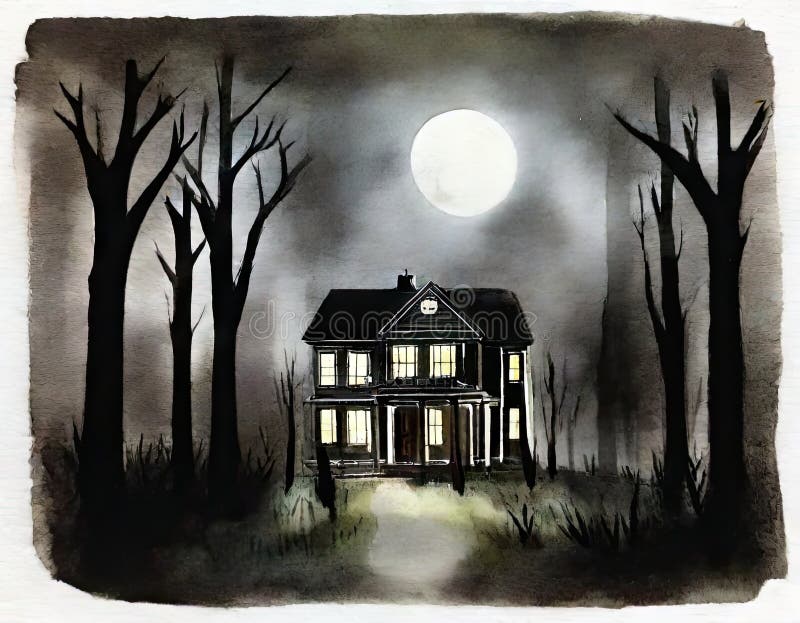 Watercolor of Haunted House in the Woods Stock Illustration ...