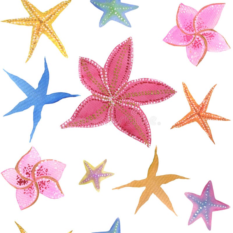 Watercolor Flora and Fauna. Hand Painting Seamless Pattern. Sea Stars ...