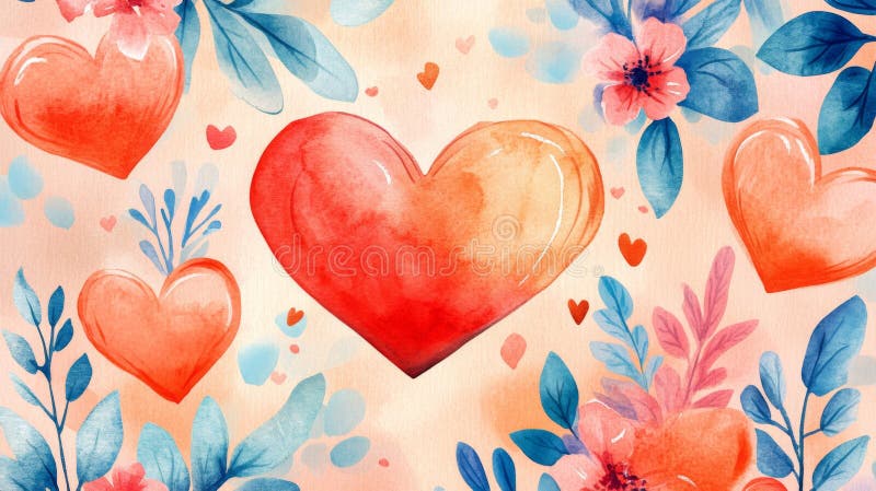 Watercolor Hearts and Floral Design Romantic Artwork Stock Illustration ...