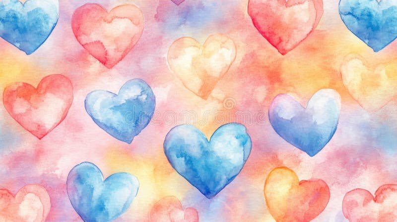 Watercolor Hearts Pattern Pastel Pink Blue Yellow Background Stock ...