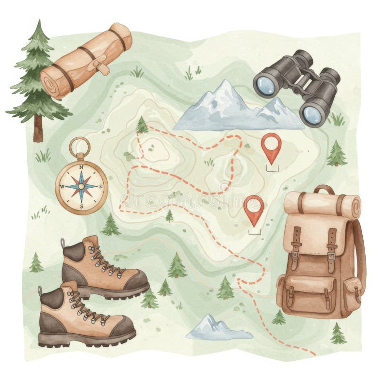 Watercolor Hiking Map Illustration with Gear Stock Illustration ...