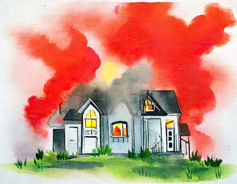 Watercolor of House with Fire Home House Stock Illustration ...