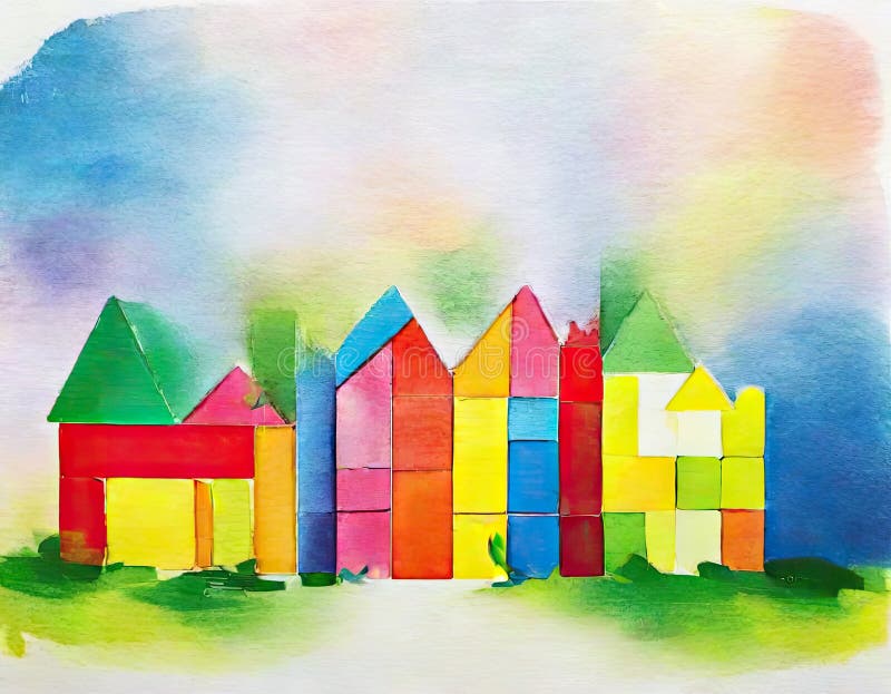 Watercolor of House Made of Colorful Lego Stock Illustration ...