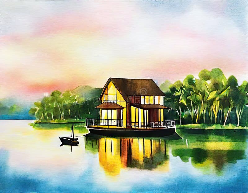 Watercolor of House on the River Stock Photo - Image of beautiful ...