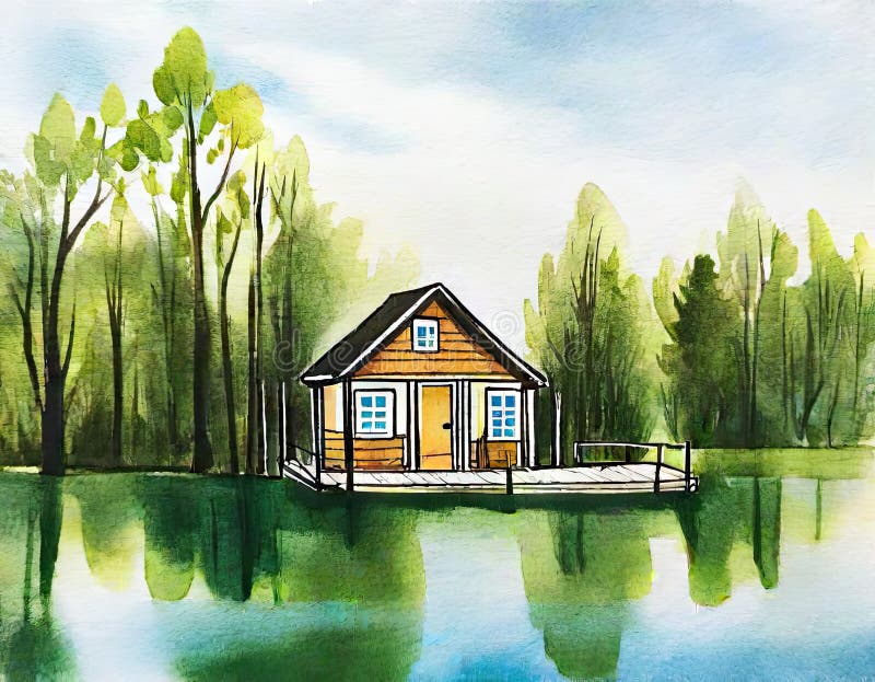 Watercolor of House on the River Stock Illustration - Illustration of ...