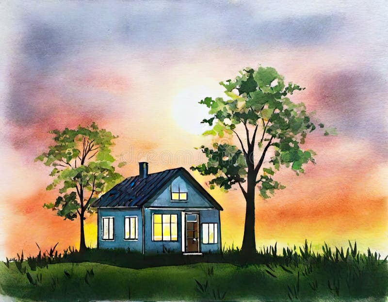 Watercolor of House with Solar Panels in Sunset Stock Illustration ...