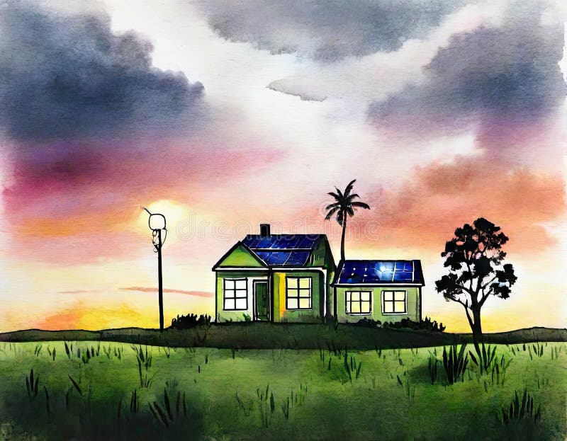 Watercolor of House with Solar Panels in Sunset Stock Illustration ...