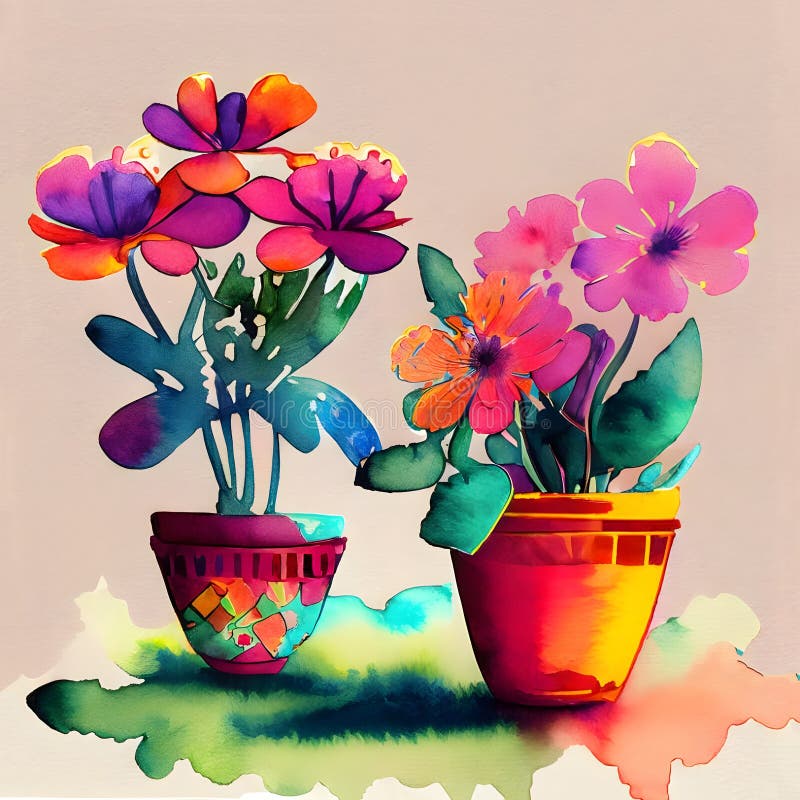 Watercolor Houseplants - Flower Pots Stock Illustration - Illustration ...