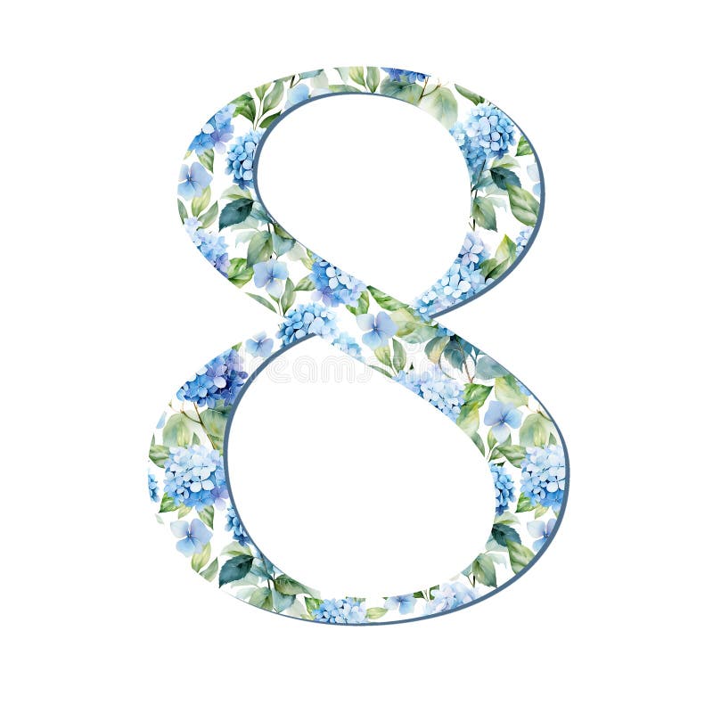 Watercolor Hydrangea Flowers Blue Number 8 for Card Design Stock ...