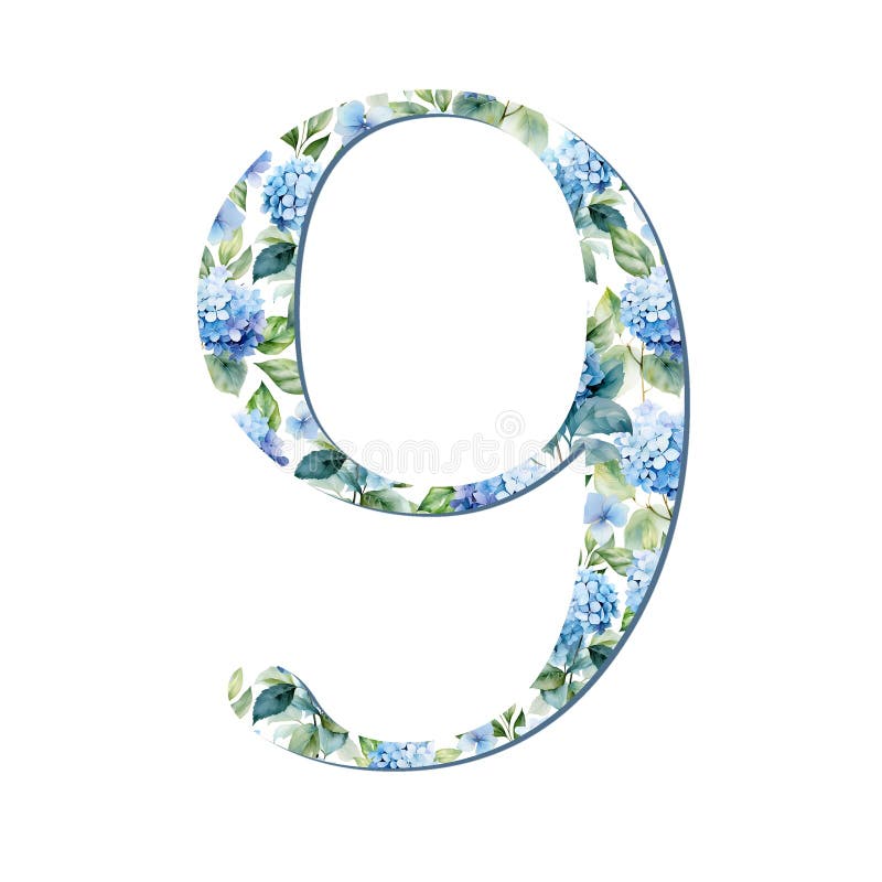Watercolor Hydrangea Flowers Blue Number 9 for Card Design Stock ...