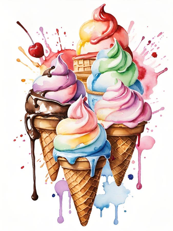 Watercolor Ice Cream in Waffle Cone Stock Illustration - Illustration ...