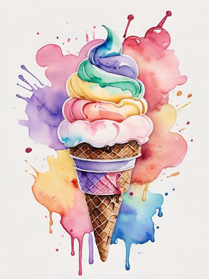 Watercolor Ice Cream in Waffle Cone Stock Illustration - Illustration ...