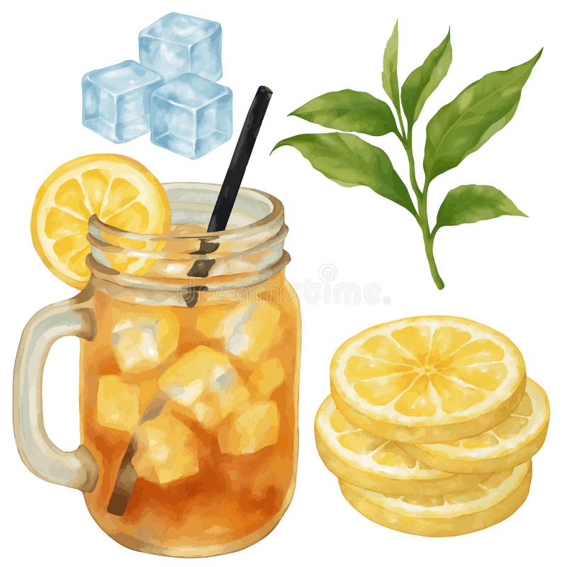 Watercolor Ice Lemon Tea with Some Elements Stock Image - Image of ...