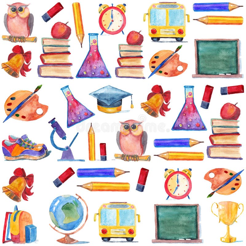 Watercolor Icons School and Education Stock Illustration - Illustration ...
