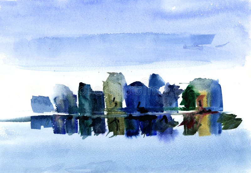 Watercolor Illustration of an Abstract Landscape. Trees are Reflected ...