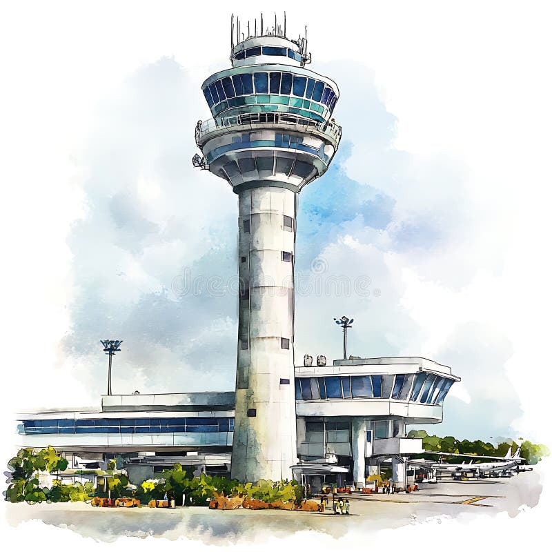 Watercolor Illustration of an Airport Control Tower Stock Illustration ...