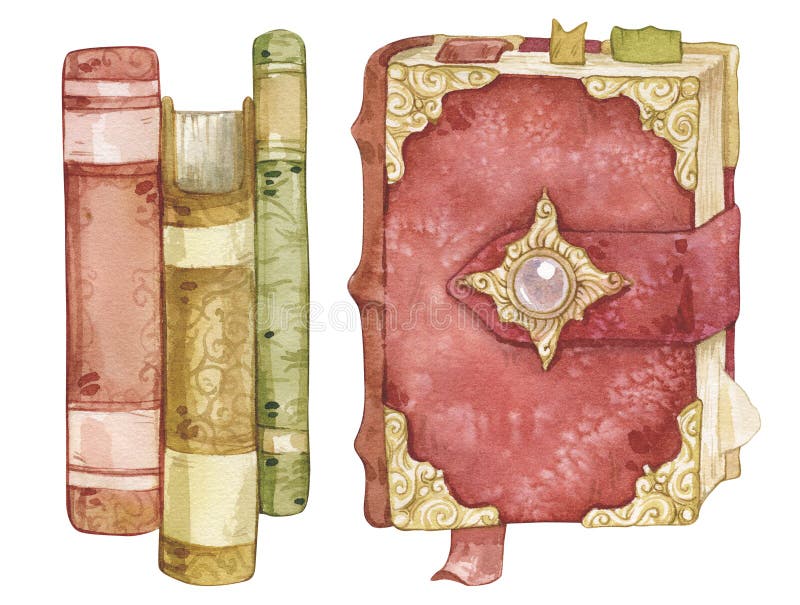 Watercolor Illustration of an Ancient Magic Book of Spells and a Stack ...