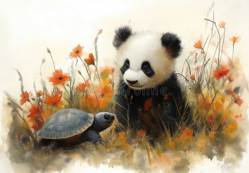 Watercolor Illustration of Animals, Panda with Turtle. Stock Image ...