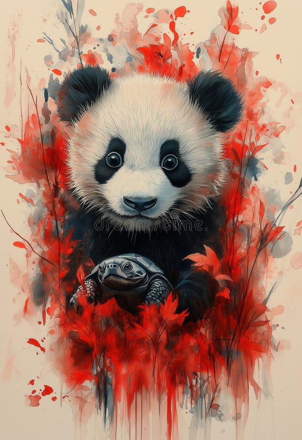 Watercolor Illustration of Animals, Panda with Turtle. Stock Photo ...
