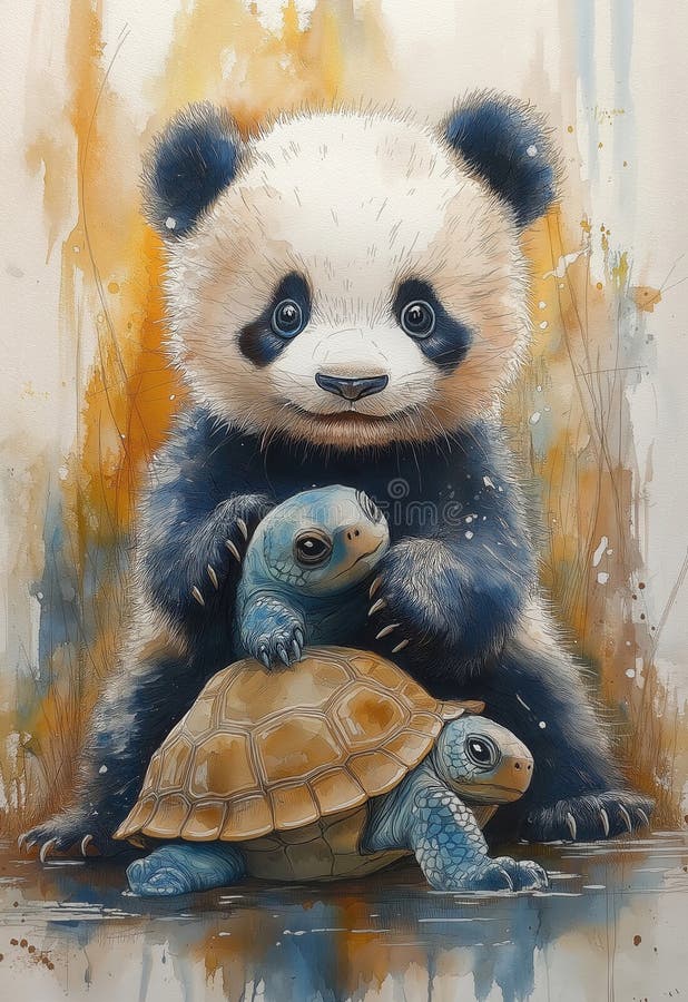 Watercolor Illustration of Animals, Panda with Turtle. Stock Image ...