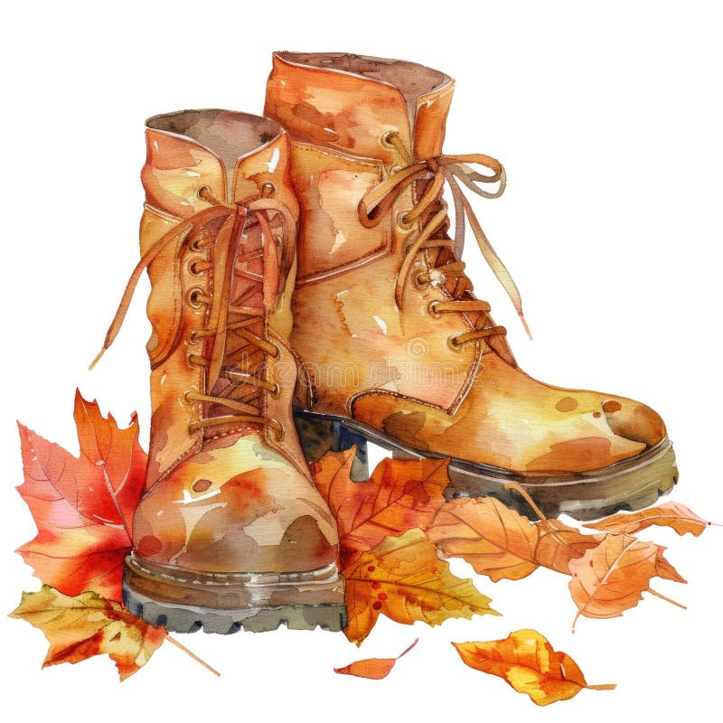Watercolor Illustration of Autumn Boots with Fallen Leaves in Rustic ...