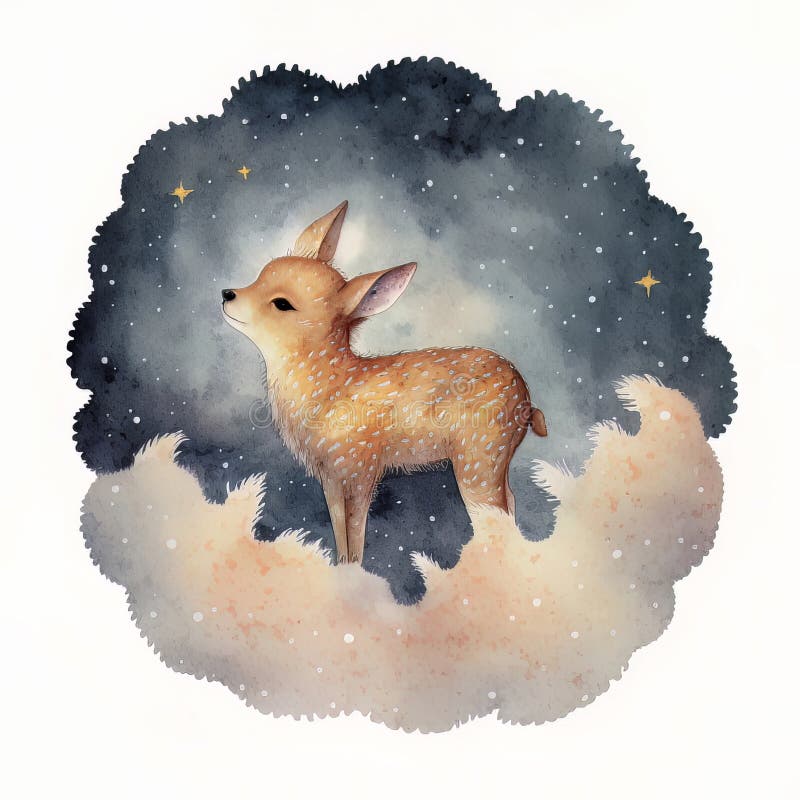 Watercolor Illustration of a Baby Dear in a Cloud Stock Illustration ...