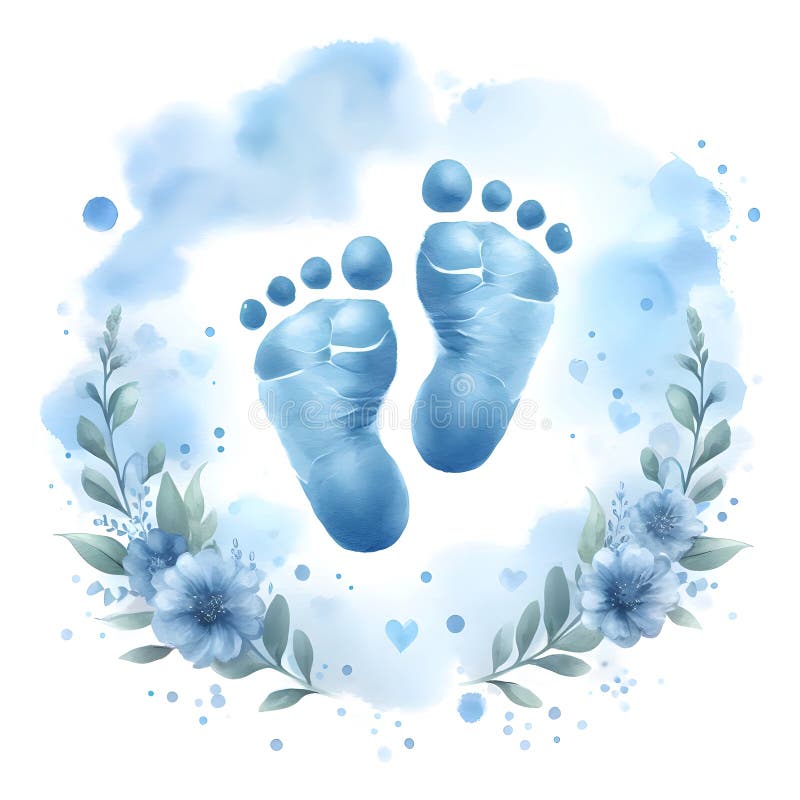 Watercolor Illustration of a Baby S Footprints in Blue with Floral ...