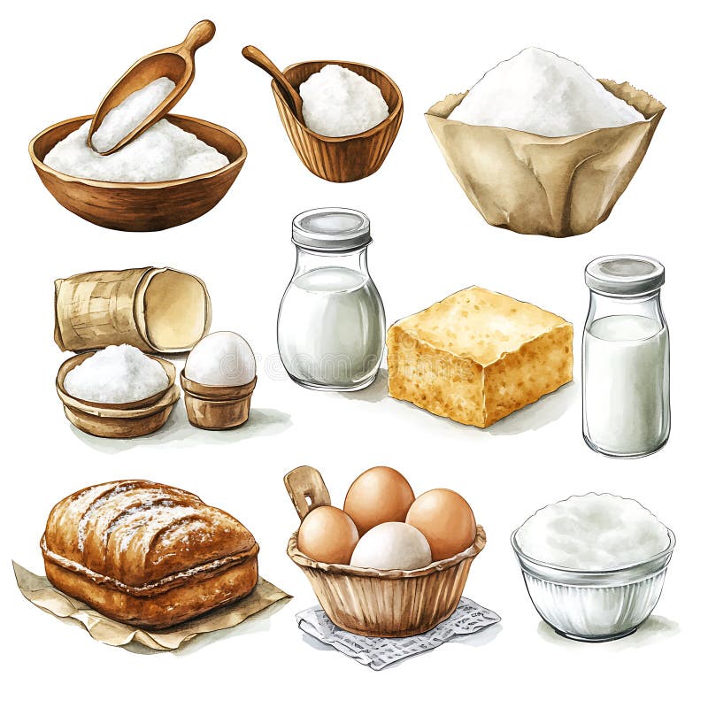 Watercolor Illustration of Baking Ingredients Bread, Milk, Sugar, Eggs, and Flour Stock ...