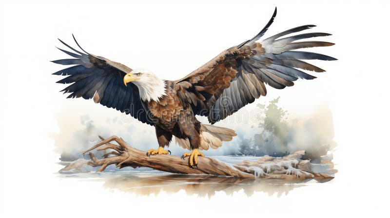 Watercolor Illustration of a Bald Eagle Spreading Its Wings, Perched on ...