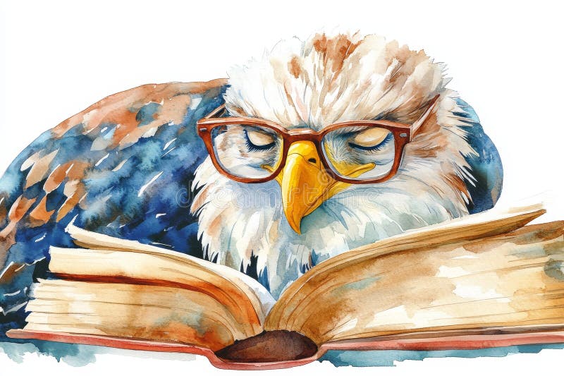 A Watercolor Illustration of a Bald Eagle Wearing Glasses Engrossed in ...