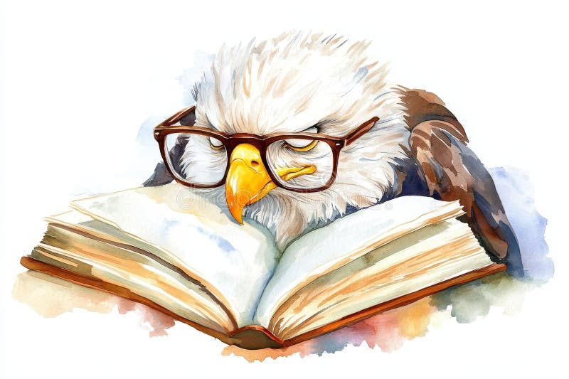 Watercolor Illustration of a Bald Eagle Wearing Glasses and Reading a ...