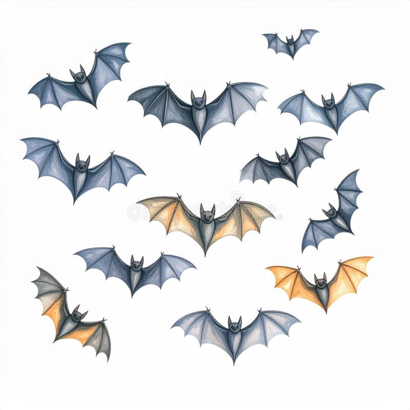 Watercolor Illustration of Bats Flying on White Background Stock ...