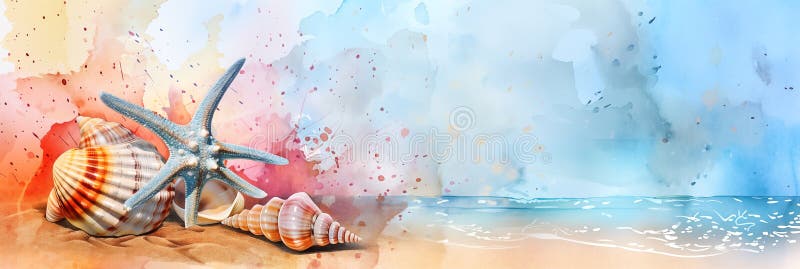 Watercolor Illustration of Beach Scene with Starfish, Shells, and ...