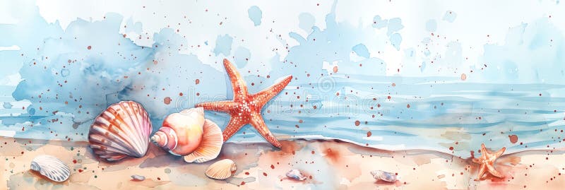 Watercolor Illustration of Beach Scene with Starfish, Shells, and ...