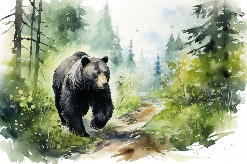 Watercolor Illustration of a Bear in the Forest. Wild Animal Stock ...