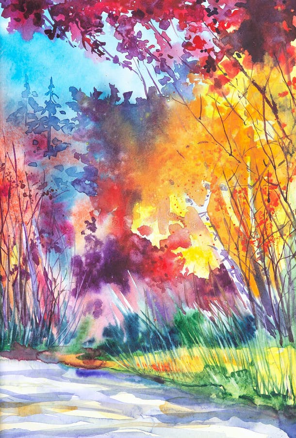Watercolor Illustration of a Beautiful Bright Fall Forest Landscape ...