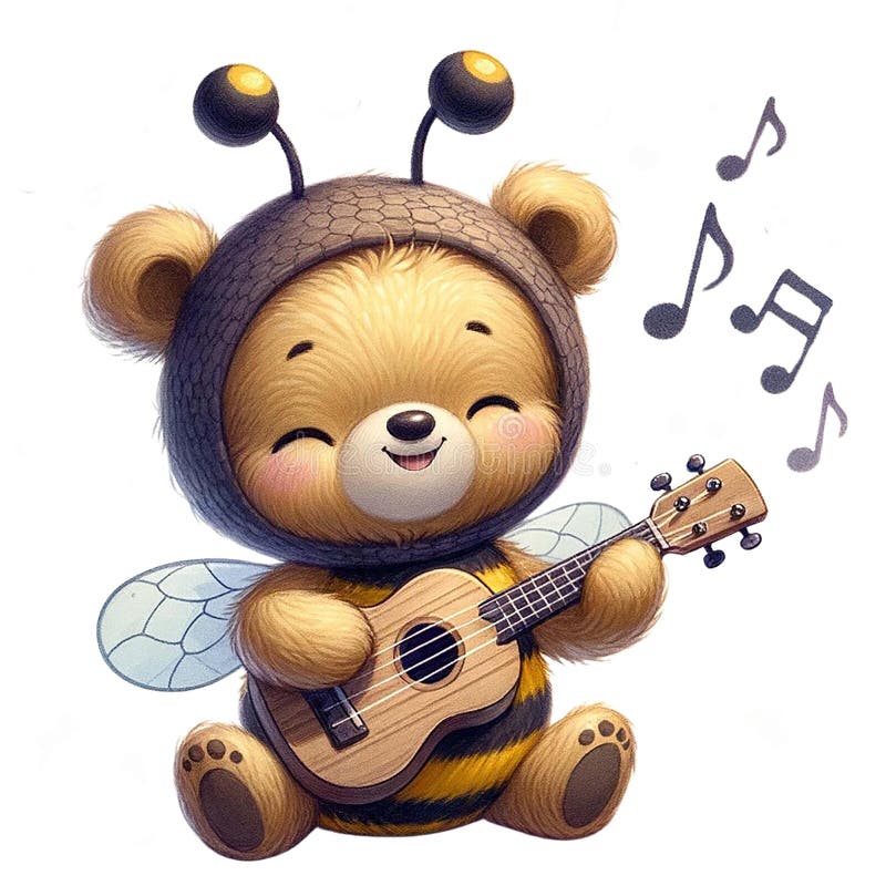 Watercolor Illustration of Bee-Bear Playing a Ukulele Stock Photo ...