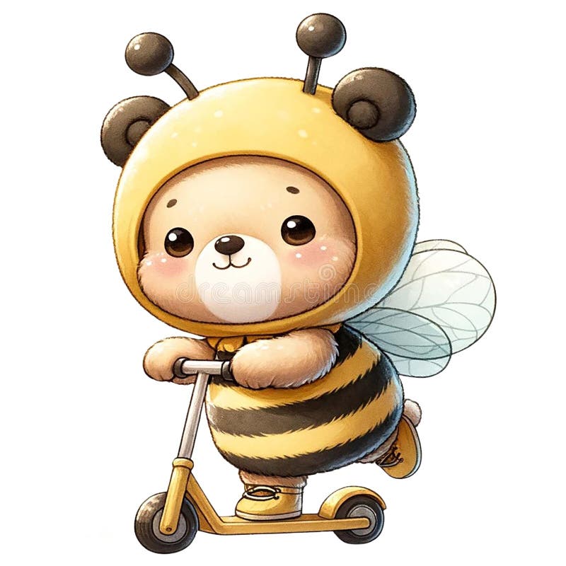 Watercolor Illustration of Bee-Bear on a Scooter Stock Photo ...