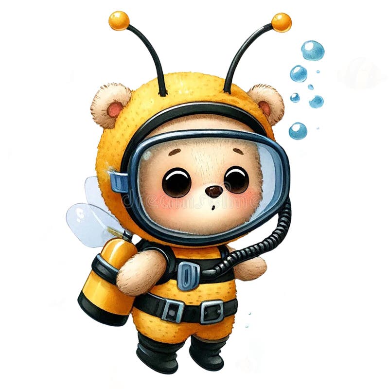 Watercolor Illustration of Bee-Bear Scuba Diving Stock Image ...